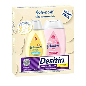 Johnson's Baby Care Essentials Gift Set, Baby Skincare Set with Body Wash & Shampoo, Body Lotion, & Zinc Oxide Diaper Rash Paste for Baby's Delicate Skin, Value Pack, Travel-Size, 3 items