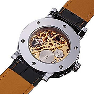 Gute Luxury Steampunk Bling Automatic Mechanical Wristwatch Golden Bezel Minimalist Stainless Steel (Black-Gold)
