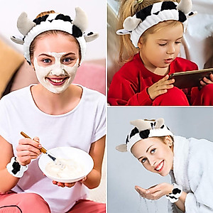 AHONEY Cow Ears Headband Cow Print Skincare Headbands and Wristbands, Cute Spa Wrist Band Fluffy Hand Cuffs Women Girls Kids Facial Makeup Accessories Costume Party Stuff Birthday Gift