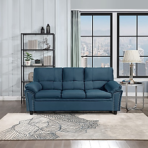 ERYE 2 Pieces Cushions Sectional Include 3 Seater Loveseat,Pillow-Top Armrest Velvet Upholstered Tufted Sofa & Couch W/Nailhead Decor for Home Office Apartment Living Room Furniture Sets, Blue 83.46"W