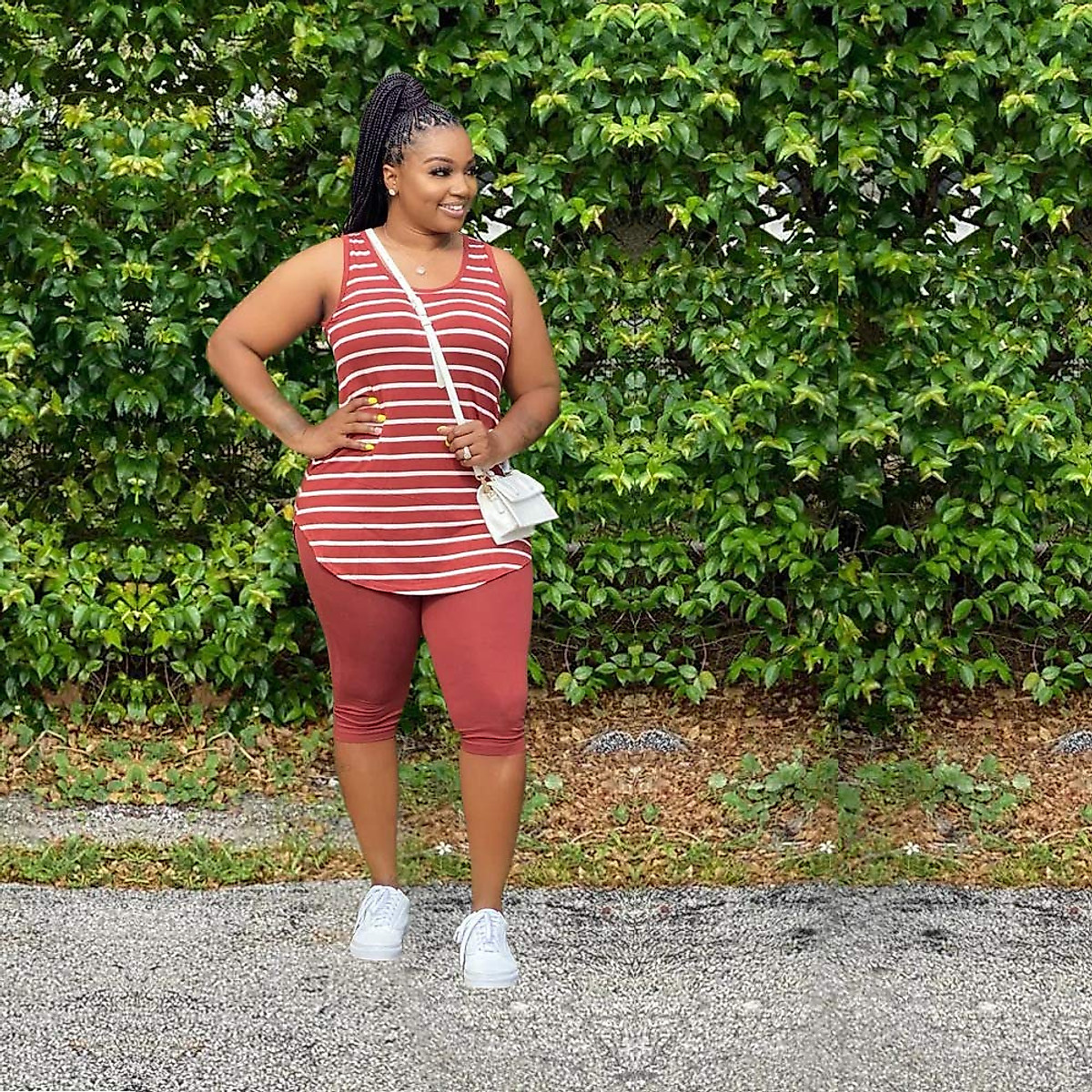 acelyn Women's Striped 2 Piece Outfits Plus Size Casual Summer Tank Tops Biker Shorts Sets (X9244-Red, XL)