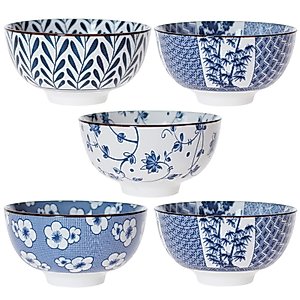 Gegong 5 Pack Ceramic Bowls, Japanese Style Rice Bowls, 24 Ounces Thickening Blue and white porcelain bowls, Cereal Bowls for Kitchen, Suitable for microwave, ovens, dishwashers (mixing)