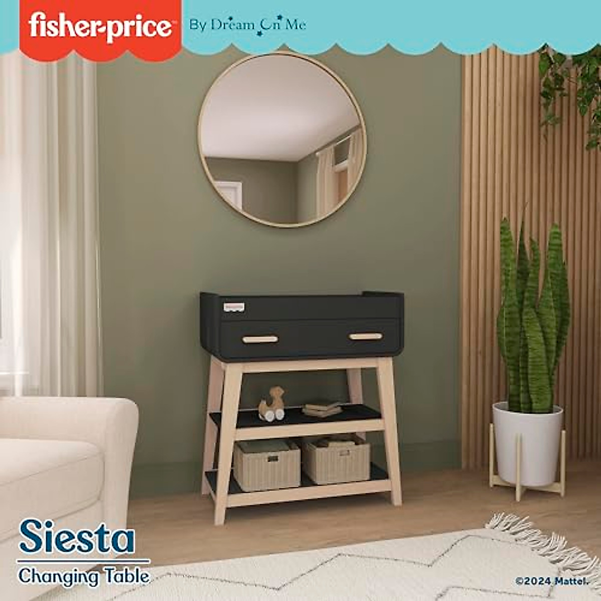 Fisher Price Iris/Siesta Changing Table by Dream On Me, Matte Black Vintage Oak, JPMA & Greenguard Gold Certified, with a Bottom Closed Drawer and Two Open Shelves for Storage