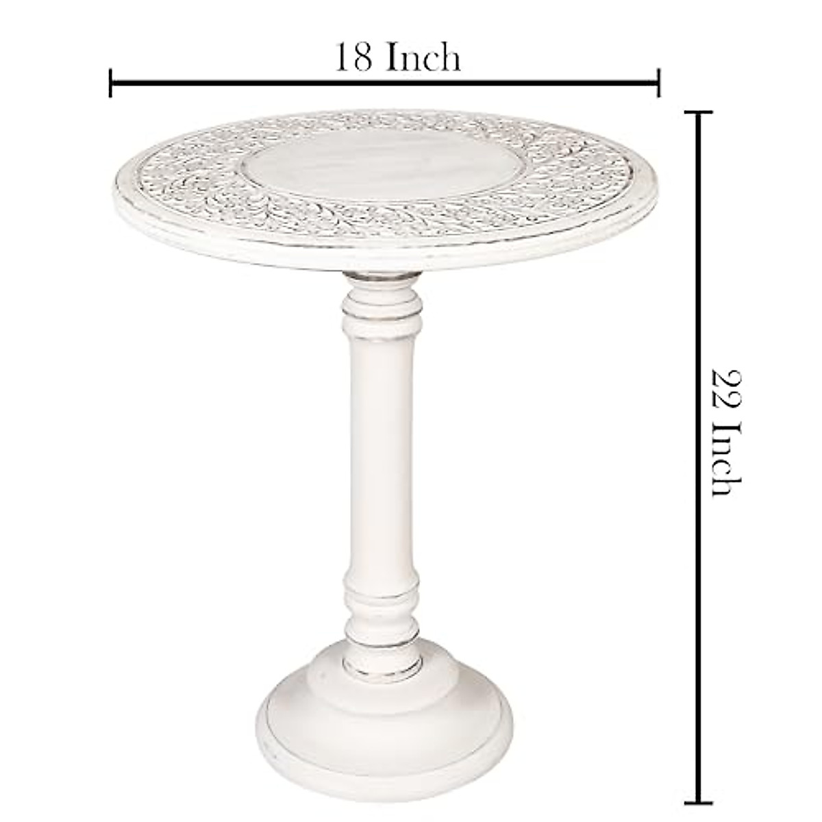 Side Table,Round End Table,Small Table,Side Tables Living Room,End Table,Round Side Table,Altar Table, Carved Side Table,Wood Accent Table,Carved Wood Table Single Pillar 18x22 inch White Antique