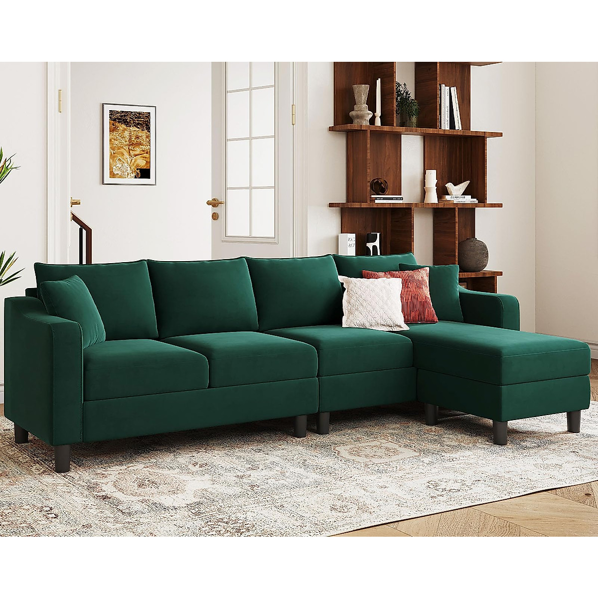 Belffin Velvet Convertible Sectional Sofa L Shaped Couch Reversible Sectional Sofa with Chaise Velvet 4 Seat Sectional Sofa (Green)…