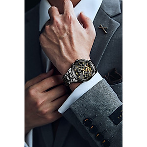 OUPINKE Black Men Automatic Mechanical Wrist Watches Luxury Dress Tungsten Steel Luminous Waterproof Sapphire Diamond Calendar Best Gifts Men