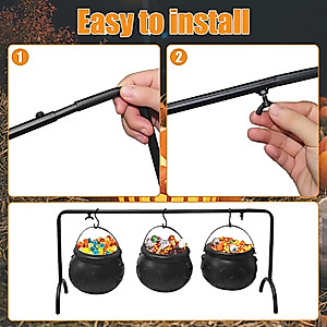 Zhitaoxun 3pcs Witches Cauldron Serving Bowls with Iron Rack,Halloween Party Decotations,Black Plastic Candy Bucket Cauldron Bowls for Halloween Outdoor and Indoor Decor