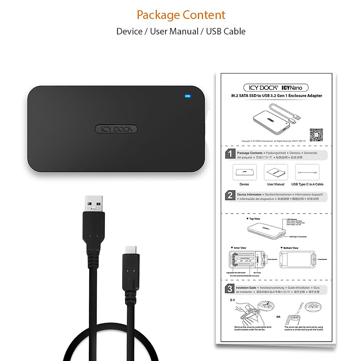 ICY DOCK M.2 SATA to USB 3.2 Gen 1 (5Gbps) SSD Reader Adapter Tool-Less External Enclosure for 2280/2260/2242/2230 M.2 NGFF SSD | ICYNano MB809U3-1M2B