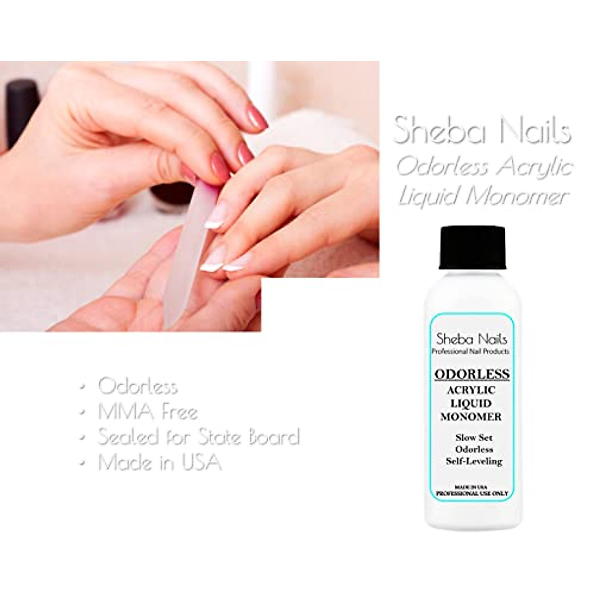 SHEBA NAILS Odorless Acrylic Liquid Monomer - 2oz - Acrylic Nails DIY Nail Extension Perfect For Cosmetology Students To Practice Or Take State Board Exam - Tamper Proof/Evident Seal