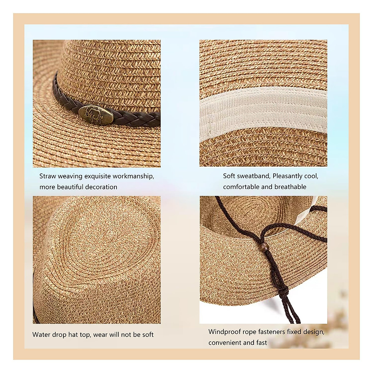 Straw Cowboy Hats Straw Cowgirl Hat Wide with Shapeable Wide Brim Foldable Vacation Beach Sun Hat for Women Men,Khaki