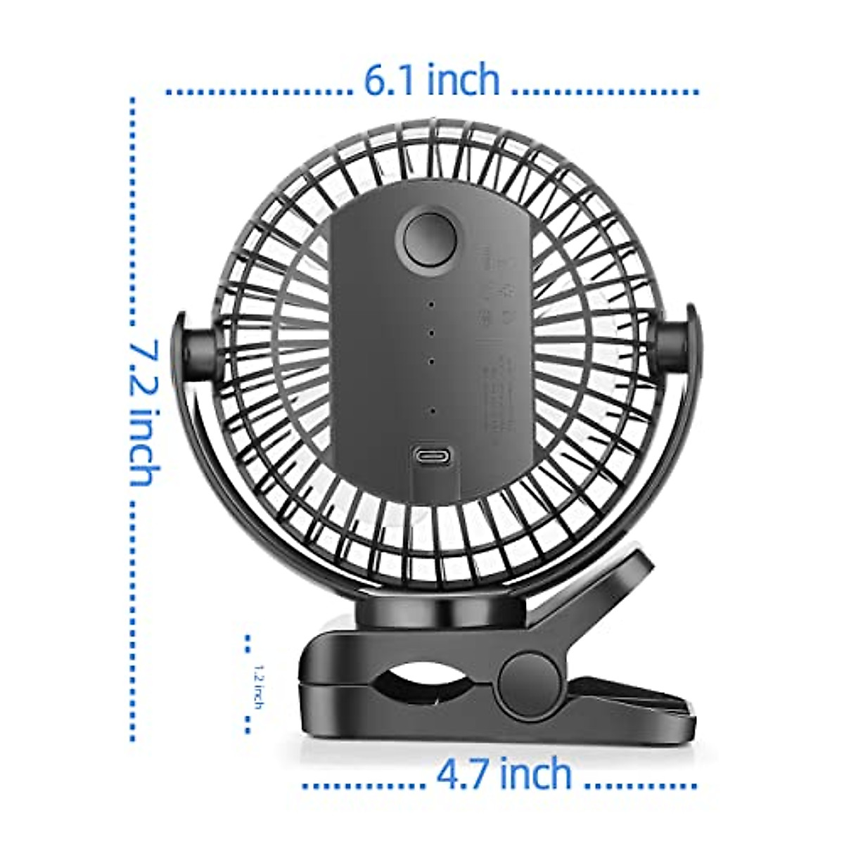 VANPRT 5000mah Clip on Fan, 6'' Portable Rechargeable Battery Fan, 7-30 Working Hours, 3 Speeds Strong Airflow, 720° Rotation, Quiet, Strong Clamp for Desk/Office/Golf/Car/Gym/Treadmill - Black