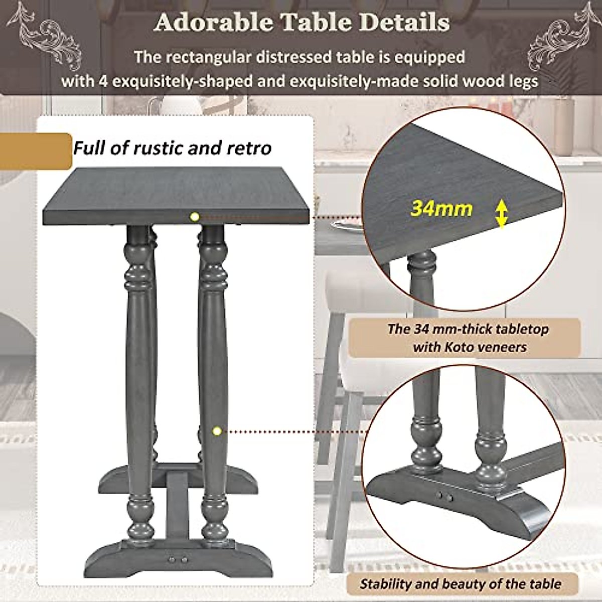 Hlcodca Modern 5-Piece Dining Table Set, Counter Height Dining Furniture with a Rustic Table and 4 Upholstered Stools for Kitchen, Dining Room (Gray@Y)