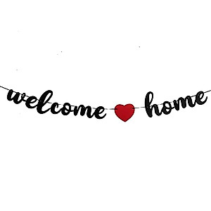 Welcome Home Banner and Sign Decor Black Glitter Pre-Strung Banner for House Warming Military Army Homecoming Party Decorations (Style-1)