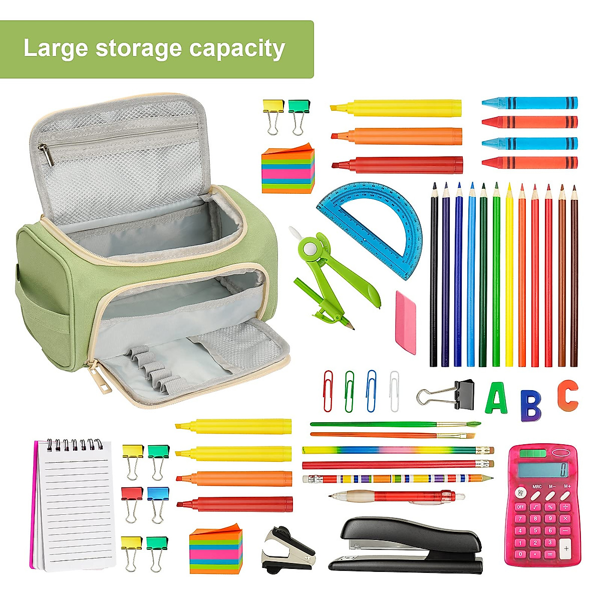 LABUK Large Pencil Case, Big Capacity Pencil Bag with 3 Compartments, for School Teen Girl Boy Men Women,Green