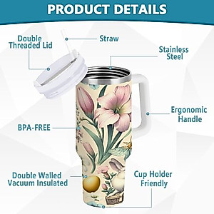 Jihqo Easter Day Floral and Eggs 40 oz Stainless Steel Vacuum Insulated Tumbler with Handle and Straw Lid, Leakproof Water Bottle Double Wall Travel Mug Coffee Cup, Cupholder Friendly