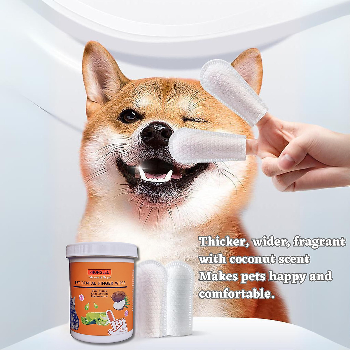 PHONGLEO Dog Teeth Cleaning Wipes, Dog Dental Wipes, Pet Tooth and Ear Wipes, 50 Pieces, Made of Soft Non-Woven Fabric, Moisturized with Coconut Oil and Aloe Vera, Fragrance Pets Love.