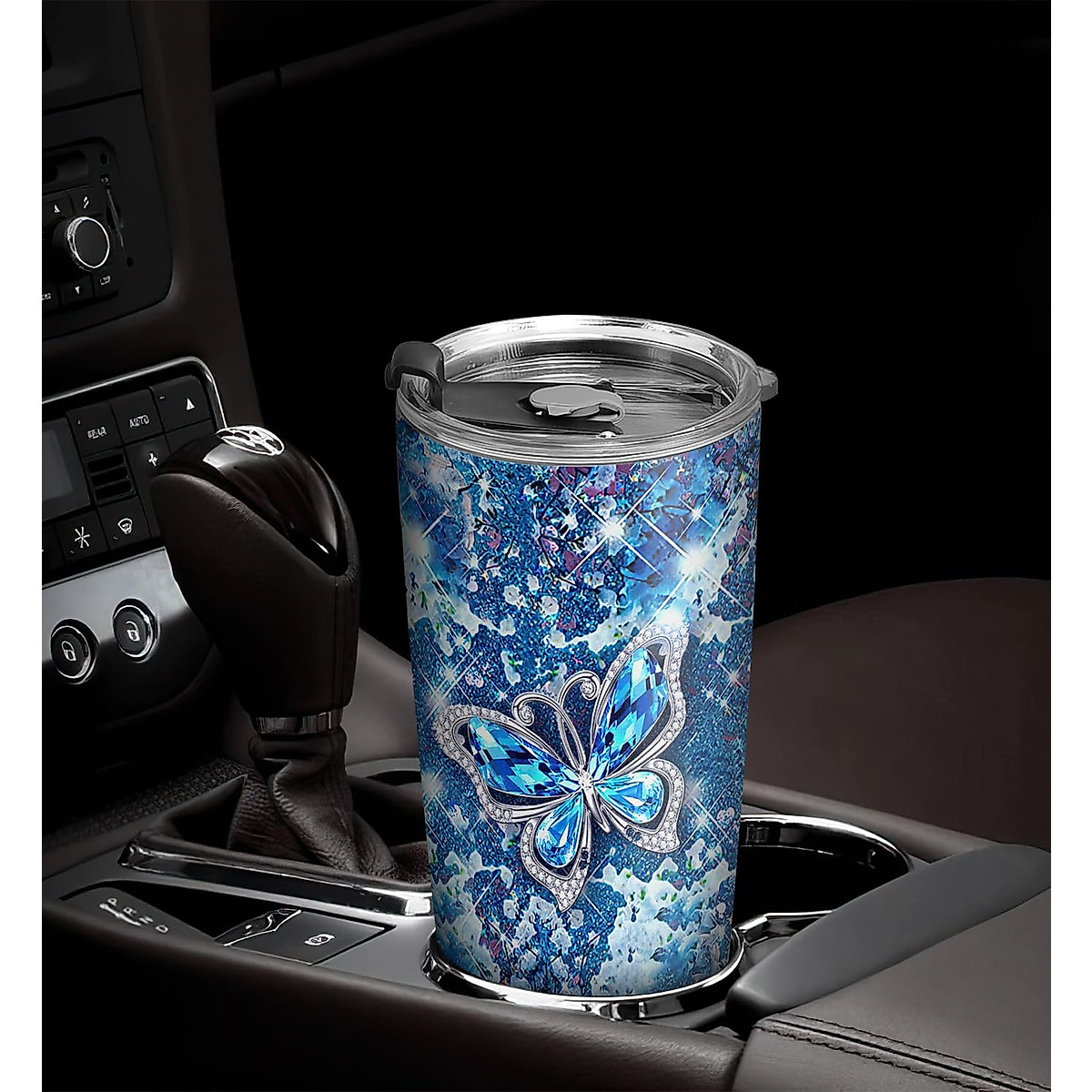 20oz Printed Blue Jewelry Crystal Butterfly Tumbler, Gifts for Butterfly Lovers, Coffee Thermos for Women, Stainless Steel Double Wall Vacuum Insulated Coffee Mug, Travel Cup with Lid