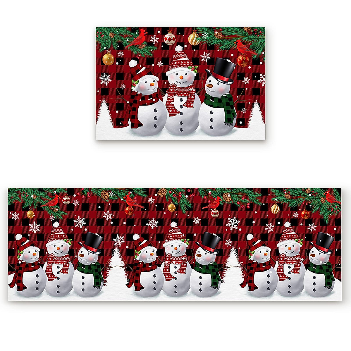 Christmas Kitchen Mats 2 Piece, Xmas Snowman Winter Holiday Doormats, Snowflake Kitchen Rugs Set Black Red Buffalo Plaid Christmas Decorations Floor Mat for Indoor Use,15.7" x 23.6"+15.7" x 47.2"