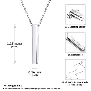 ChicSilver Personalized Bar Necklace, 925 Sterling Silver Simple Vertical Bar Pendant Necklace Custom Names Necklace Message Engraved Dainty Jewelry for Men Women
