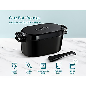 KooK Dutch Oven, Oven for Sourdough Bread Baking, with Lid, Dual Handles, Enameled Cast Iron, includes Lid Lever, Great for Baking Bread, Cooking and Roasting, Dishwasher Safe, 3.4 Qt, Black