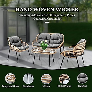Urban Home Furniture Belize 4-Piece PE Natural Rattan Outdoor Conversation Set, 2 Single Chairs with Cushions, Loveseat with Cushions, Coffee Table with Glass Top, with Grey Cushions
