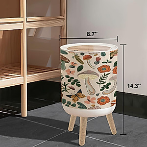 hgsschrek Small Trash Can with Lid Seamless Natural Pattern Forest Mushrooms Insects Drawn 1.8 Gallon/7L Garbage Can Waste Bin with Pop-Up Lid Wood Legs Wastebasket for Bathroom Kitchen Bedroom