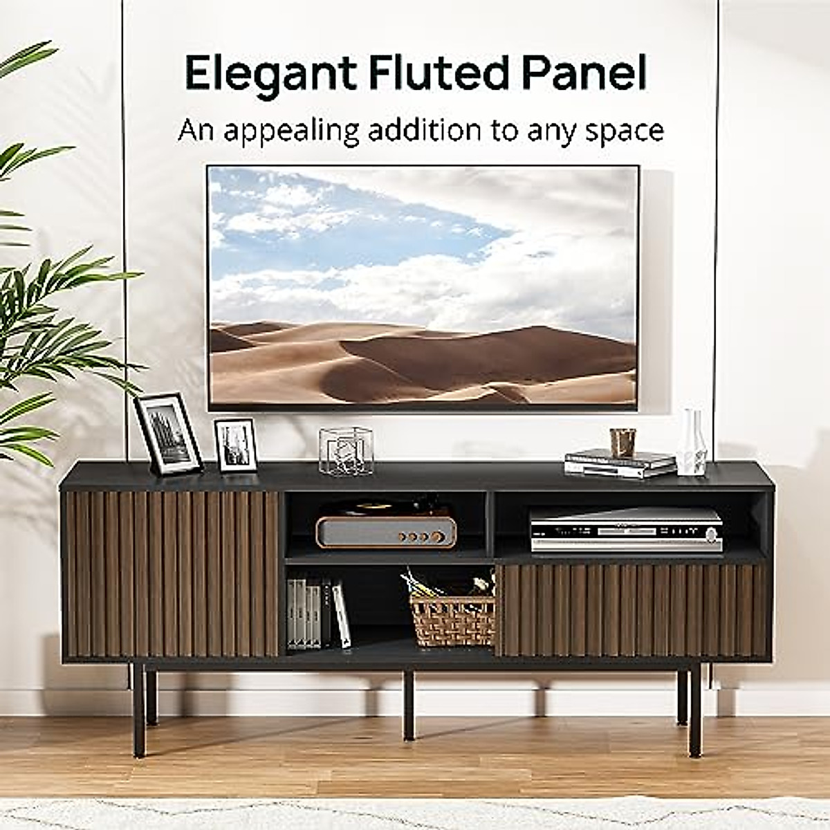 TV Stand, Wood Entertainment Center with Storage Shelves Cabinet, 59" Mid Century Modern Television Stand for up to 65", TV Console Table for Bedroom, Living Room