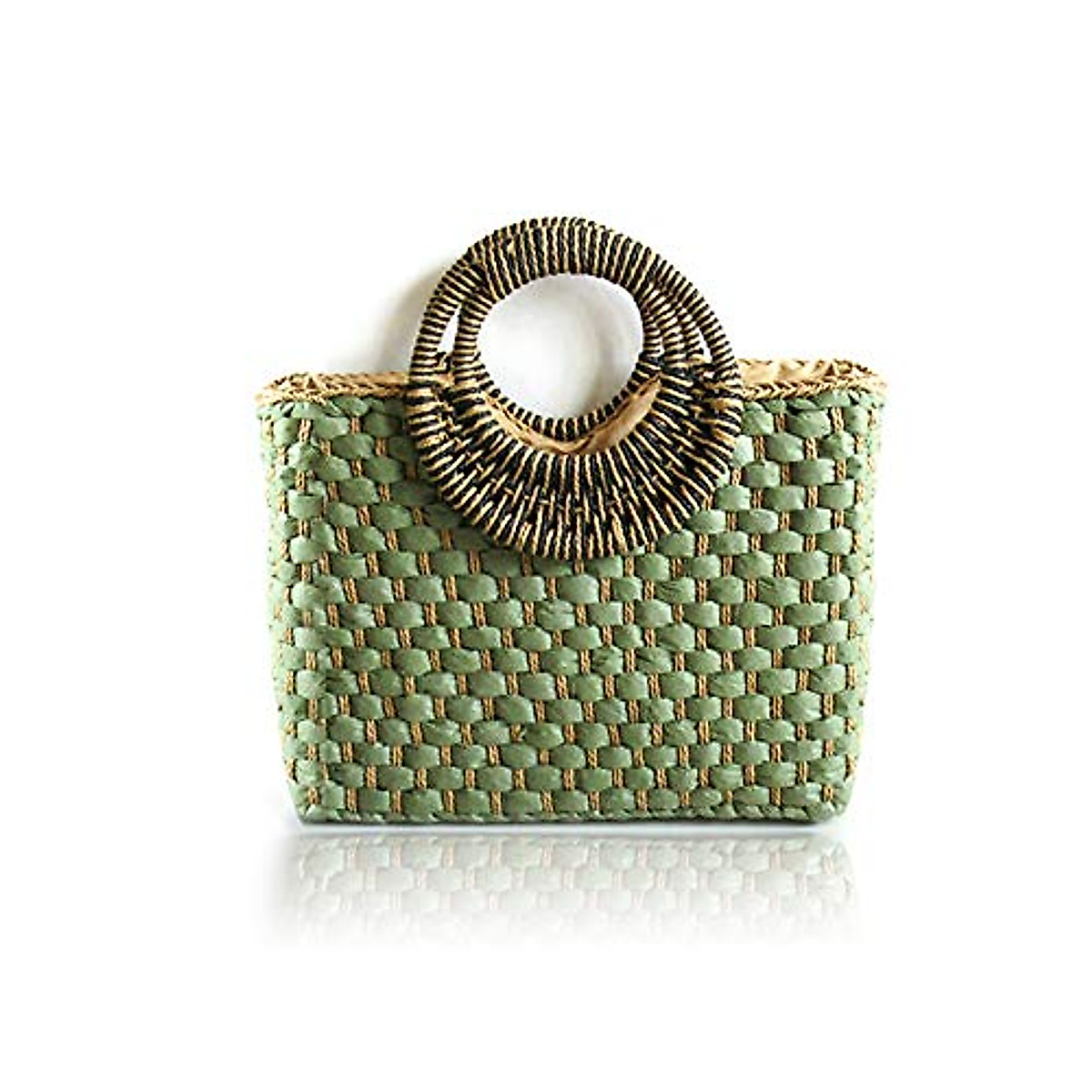 QTKJ Women Summer Retro Straw Bag with Zip Hand-woven Beach Handbag Top Round Handle Boho Tote Bag Shopping and Travel Large Bag (Green)