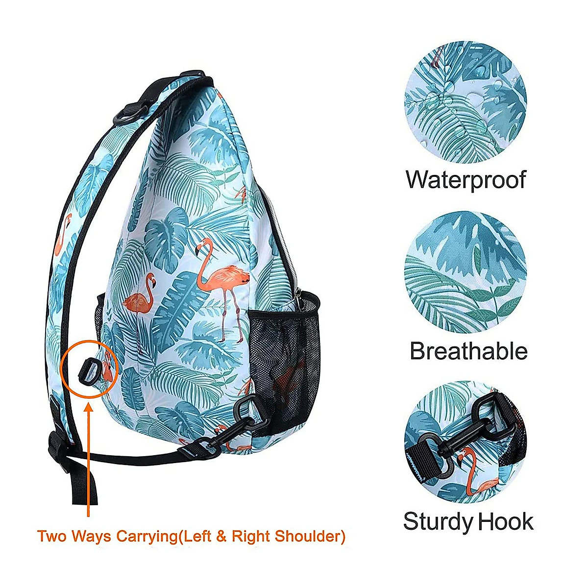 MOSISO Sling Backpack,Travel Hiking Daypack Pattern Rope Crossbody Shoulder Bag, Flamingo