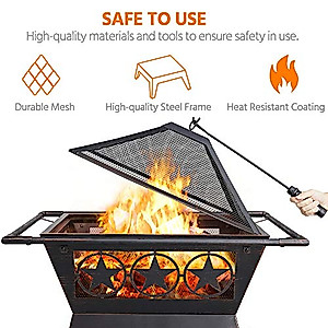 Yaheetech 32in Outdoor Fire Pit Metal Square Firepit Wood Burning Backyard Patio Garden Beaches Camping Picnic Bonfire Stove with Spark Screen, Log Poker