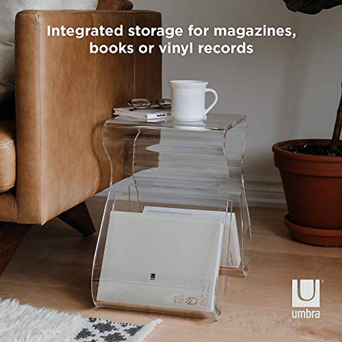 Umbra Magino, Acrylic Side Table, End Table, Stool with Storage, Modern Magazine Rack, Clear,21.725" x 20.9" x 15.125"