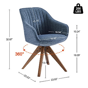 Art Leon Desk Chair - Mid Century Modern Office Chair No Wheels, Swivel Accent Chair with Oak Wood Legs, Fabric Upholstered Arm Chair, Blue