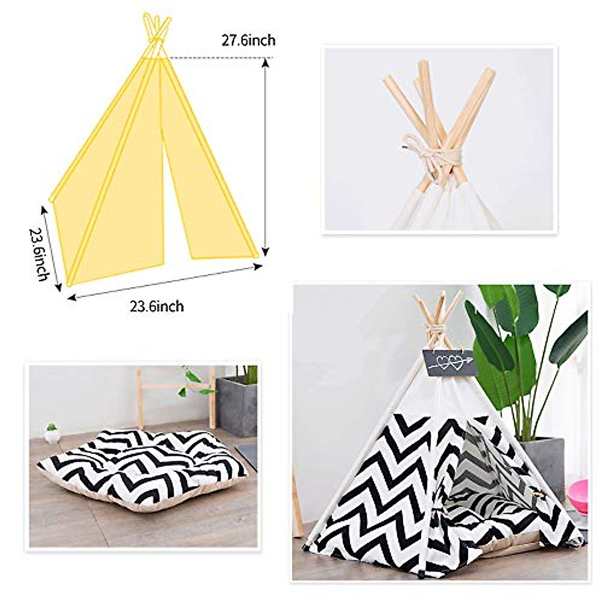 Pet Teepee Tent for Dogs Puppy Cat Bed White Canvas Dog Cute House Pet Teepee with Cushion 24inch Indoor Outdoor (White&Black)