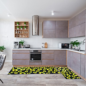 HJJKKH Sunflower Kitchen Rugs Set of 2pcs Anti Fatigue Mat,Waterproof Non Slip Sunflower Kitchen Mats Set for Kitchen Floor,Spring Summer Decorative Rugs for Home Kitchen (19.7x31.5+19.7x63 inch)