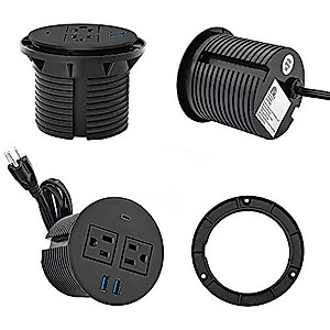 Kungfuking Desktop Power Grommet with PD 20W USB C,Recessed Power Outlets with 2 AC Plugs and 3 USB Charging Ports,Hidden Power Strip for Office Kitchen Cabinet Conference Room