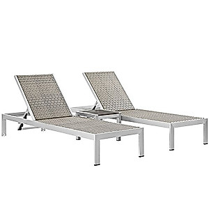 Modway Shore Aluminum and Rattan Outdoor Patio Two Lounge Chaise and Side Table in Silver Gray