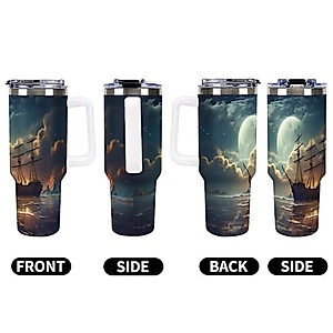 40 Oz Sailing Ship Insulated Stainless Steel Tumbler with Handle & Straw Lid, Reusable Travel Cupholder Friendly Mug for Coffee, Water, Tea