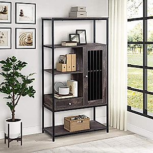 P PURLOVE Industrial Bookshelf Home Office Bookcase and Bookshelf 5 Tier Display Shelf with Doors and Drawers Rustic Wood and Metal Shelving Unit