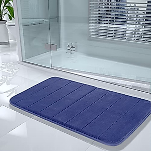 Yimobra Memory Foam Bath Mat Large Size, 31.5 x 19.8, Super Soft Non-Slip Bathroom Rug, Water Absorption, Machine Wash, Thick, Comfortable, Easier to Dry for Bathroom Mat, Tub and Shower, Navy Blue