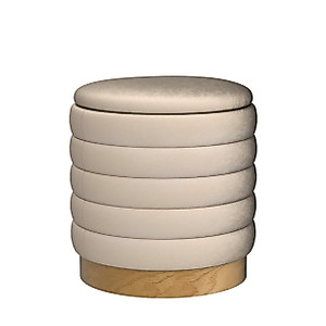 NEWIMAGE Round Ottoman Storage Box Dutch Velvet Pouffe Footstool 15.5'' Padded Stool Seat with Wooden Base, Footrest Vanity Stool with Lids for Bedroom Living Room Balcony Snack(Cream Horizontal Line)