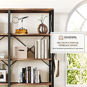 oneinmil Double Wide 6-Tier Bookcase, Industrial Bookshelf with Metal Frame, Open Large Book Shelf, Wood and Tall Display Shelves for Home and Office, Rustic Brown and Black