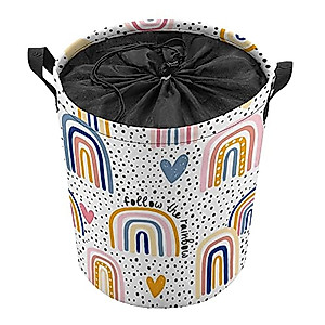 Laundry Hamper Hand Drawn Rainbow Hearts Fabric Storage Basket Round Collapsible Colorful Neon Dot Laundry Baskets with Drawstring Closure for Bedroom Living Room Bathroom