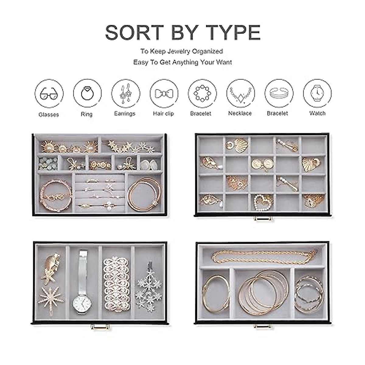 V-LAFUY Jewelry Organizer Box with Mirror, Large Jewelry Organizers and Storage, Jewelry Organizer for Rings Earrings Necklaces Glasses Bracelets Watches, Black Mirror