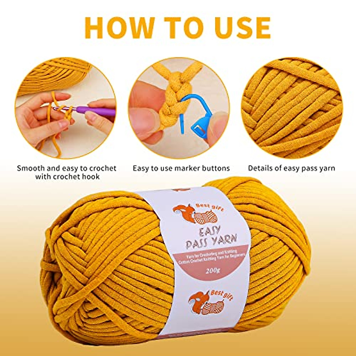 Fedmut Yarn for Crocheting -200g Beginners Chunky Cotton Yarn Easy-to-See Stitches Thick Worsted Yarn for Knitting Craft -Yellow