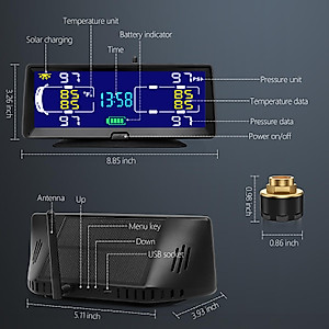 Hieha Tire Pressure Monitoring System, 7.84” Wireless Solar Rv TPMS with 4 Sensors for Travel Trailer Truck Fifth Wheel Motorhome, Real-time Monitoring Pressure and Temperature(0~198 PSI)