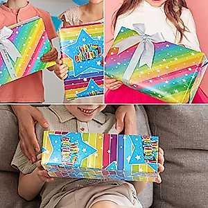 THMORT Birthday Wrapping Paper for Kids, Boys&Girls, Adults. Gift Wrapping Paper With Star, Rainbow stripe line Happy Birthday 4 Colorful Designs for Baby Shower, Holiday, Party Pack of 12 Sheets 20 X 29 Inch