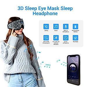 Bluetooth Sleep Eye Mask 3D Sleep Headphone with Headphones with Speakers and Microphone, Wireless Music Sleeping Eye Mask Washable Earbuds for Side Sleeper, Air Travel, Office Nap, Meditation (Grey)
