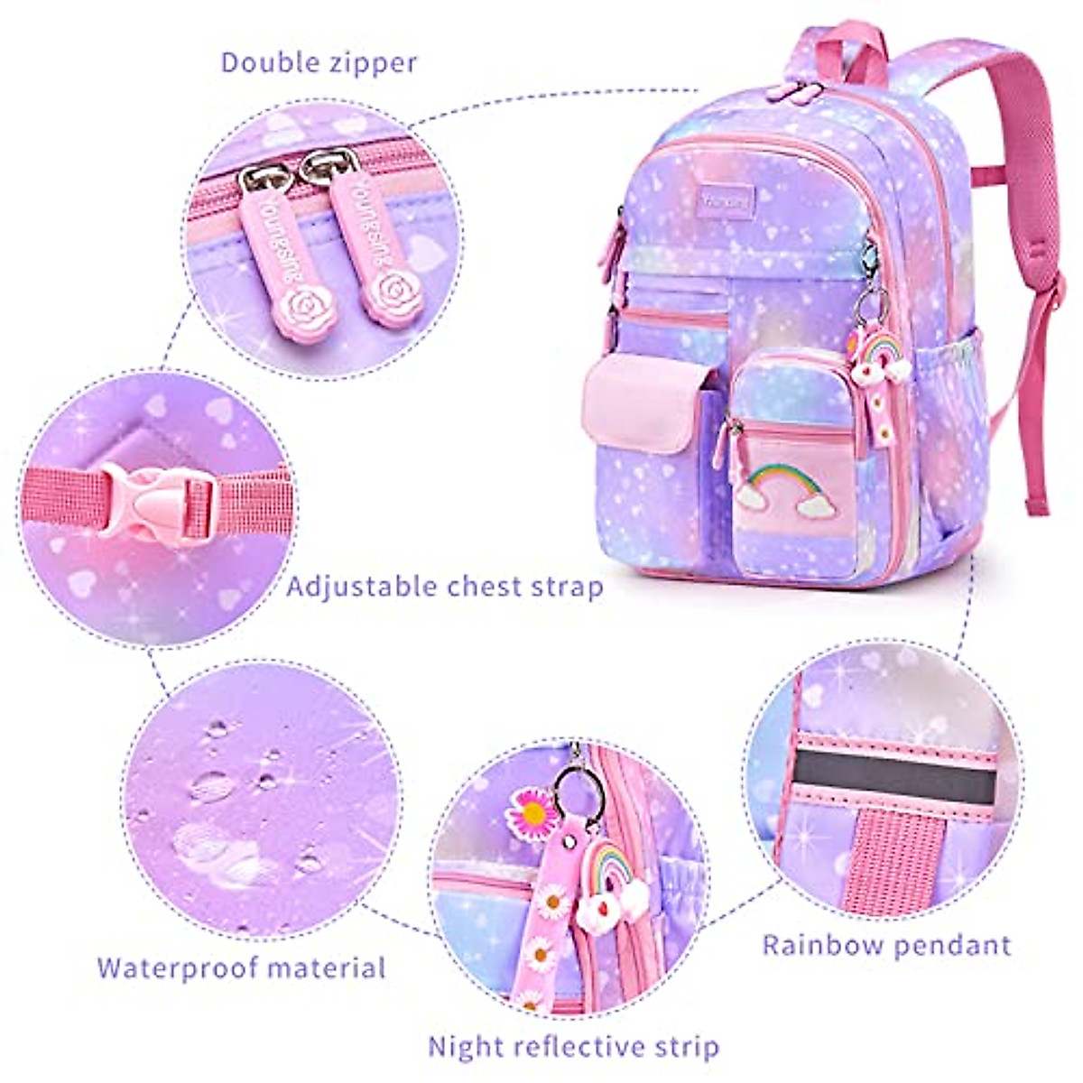 Youngsing Backpack for Girls Kids Backpack Elementary School Primary School Bag (Purple)
