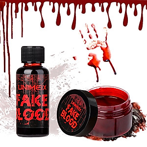 UNIMEIX 1 OZ Fake Blood Makeup Kit Fake Blood Gel Washable Sfx Makeup for Clothes Mouth Eyes，Stage Blood for Halloween Zombie Vampire Cosplay Party