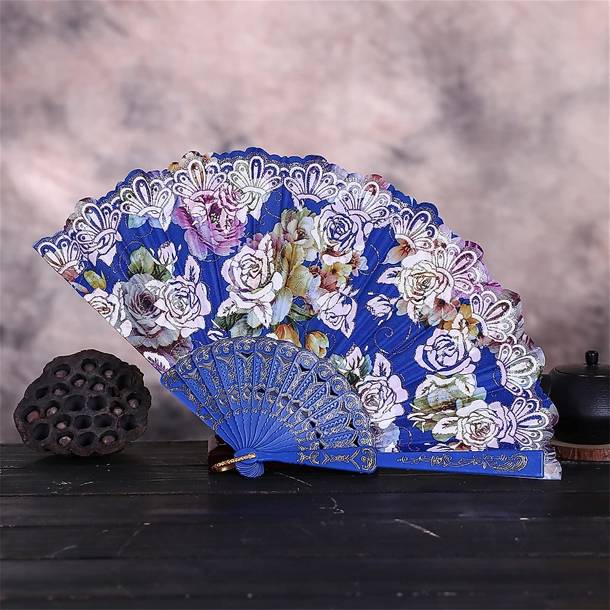 DUO ER Chinese Style Hand Held Folding Dance Fan Wedding Party Lace Folding Hand Held Flower Fan Summer Wedding Fan Party (Color : Blue)